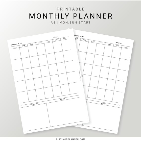 A5 Undated Monthly Planner Printable for Minimalist Month | Etsy