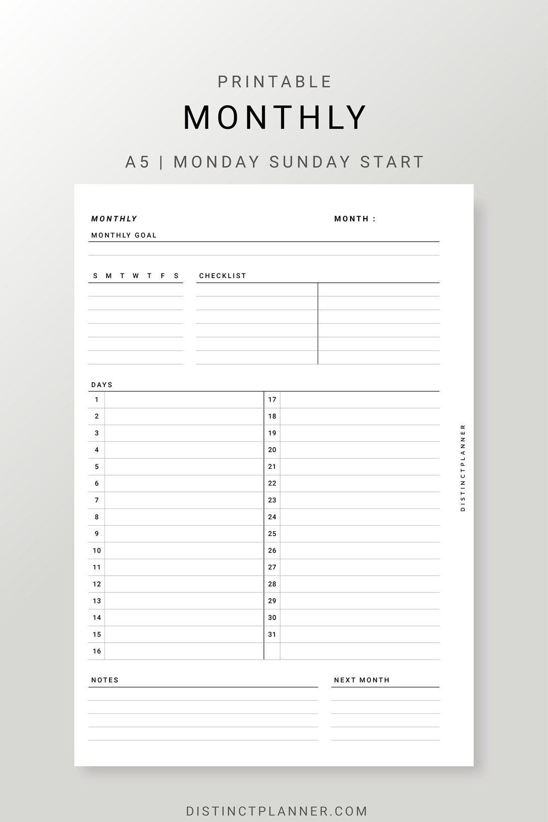 A5 Undated Monthly Overview Planner Inserts Printable, Month on One ...