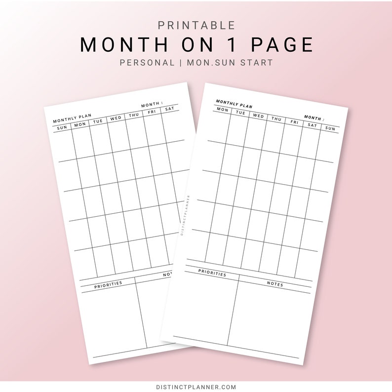 Personal | Undated Monthly Blank Planner Printable | Month on 1 Page ...