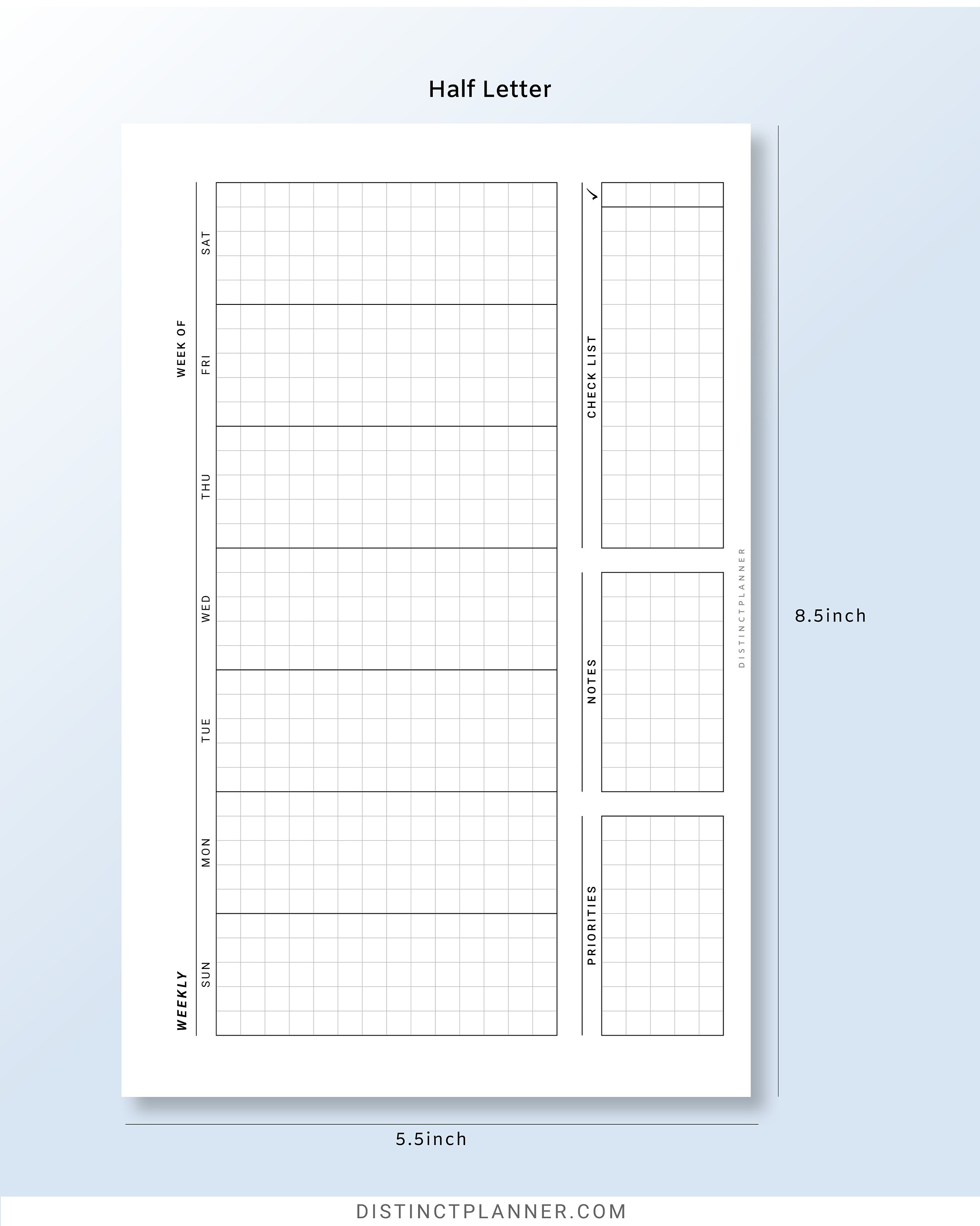 Weekly Planner Printable Half Letter, Week on One Page, Undated Grid ...