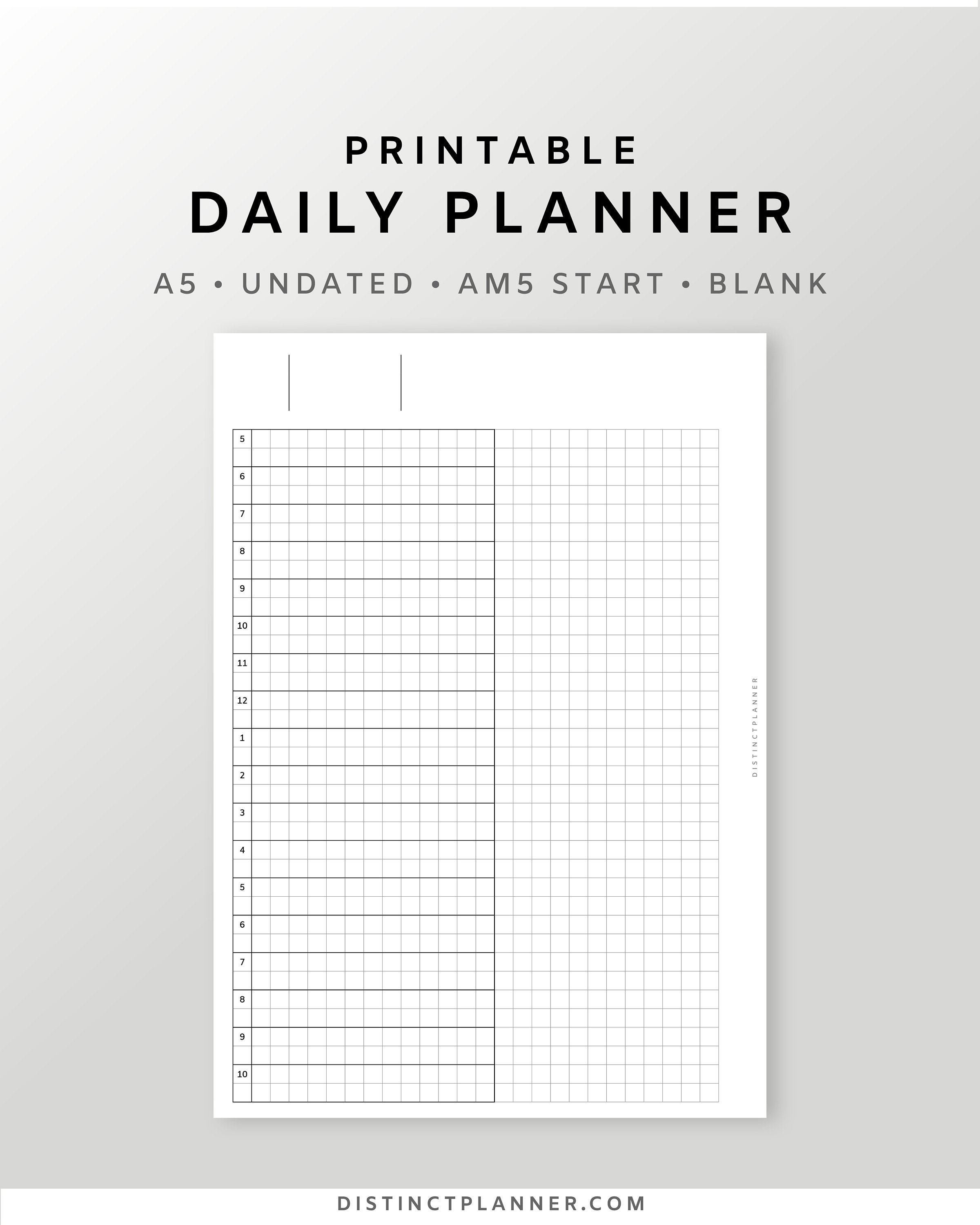 A5 Undated Daily Planner Printable 5am Hourly Square Grid Layout ...