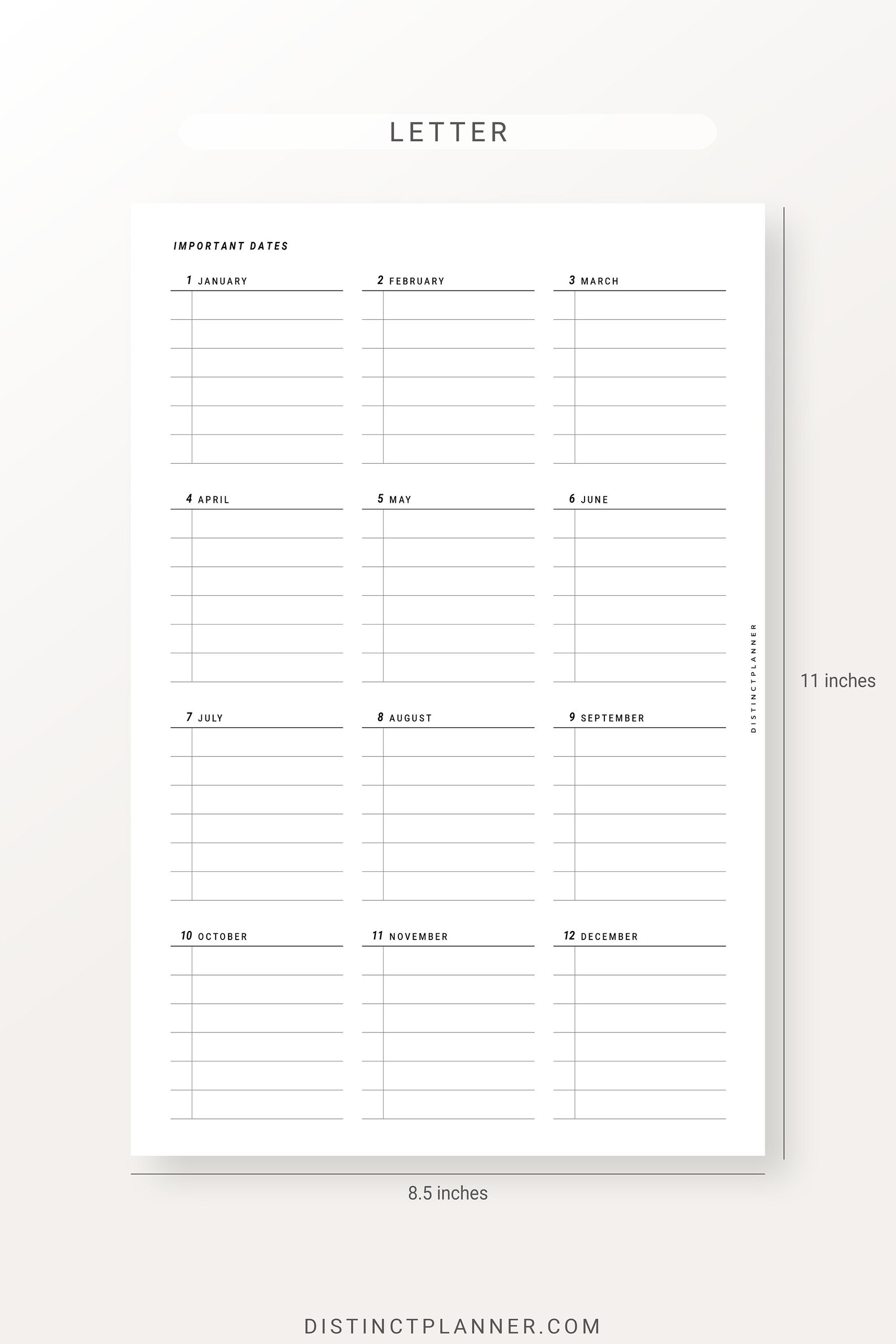 A4 Letter Inserts, Yearly Important Dates Printable, Birthday ...