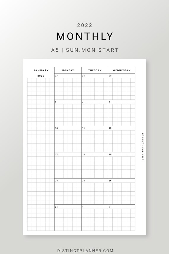2022 Monthly Planner A5 Inserts Full Dated Month on Two Pages - Etsy