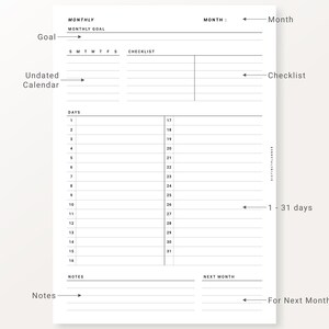 A4 Letter Size, Undated Monthly Overview Planner Inserts Printable ...