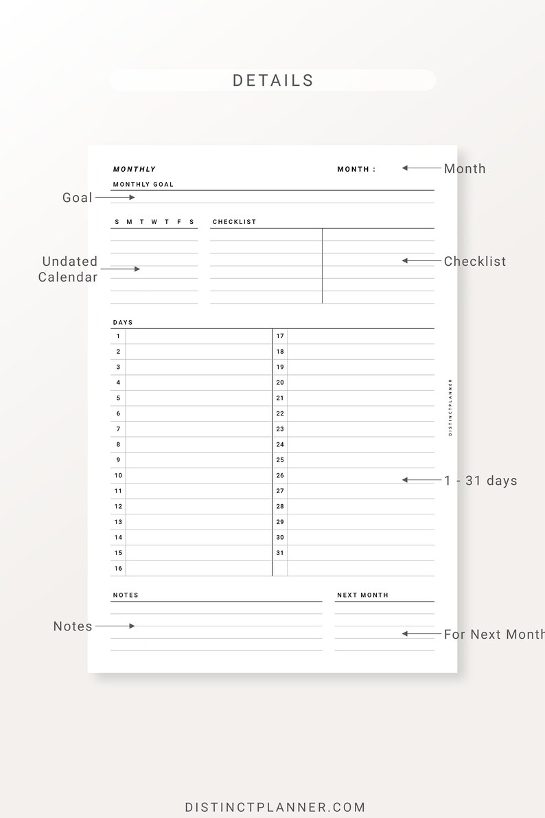 A4 Letter Size, Undated Monthly Overview Planner Inserts Printable ...