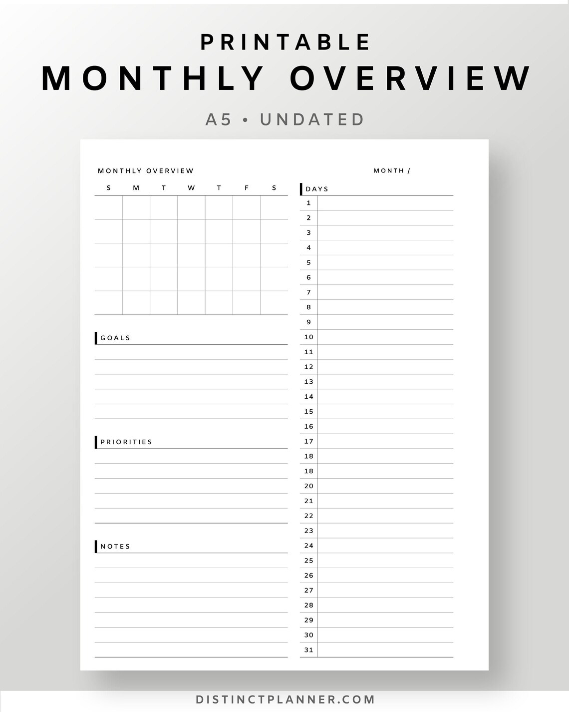 A5 Undated Monthly Planner Printable Overview on a Page Schedule ...