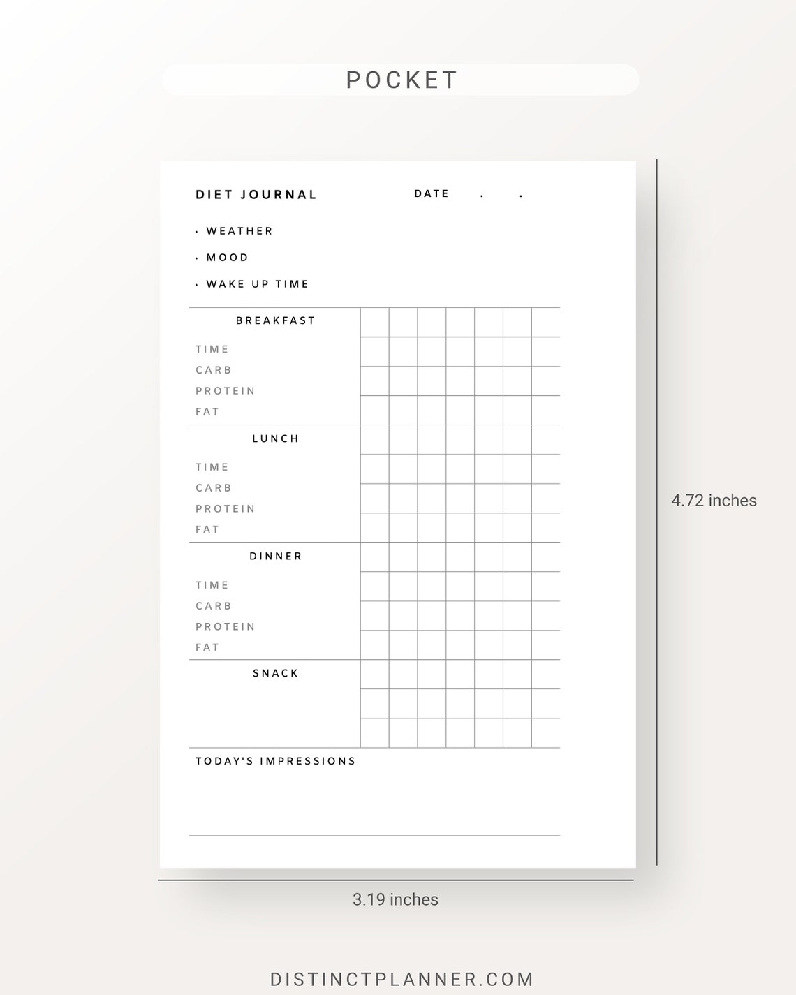 Pocket Diet Journal Printable, Daily Meal Planner, Diet Management for ...