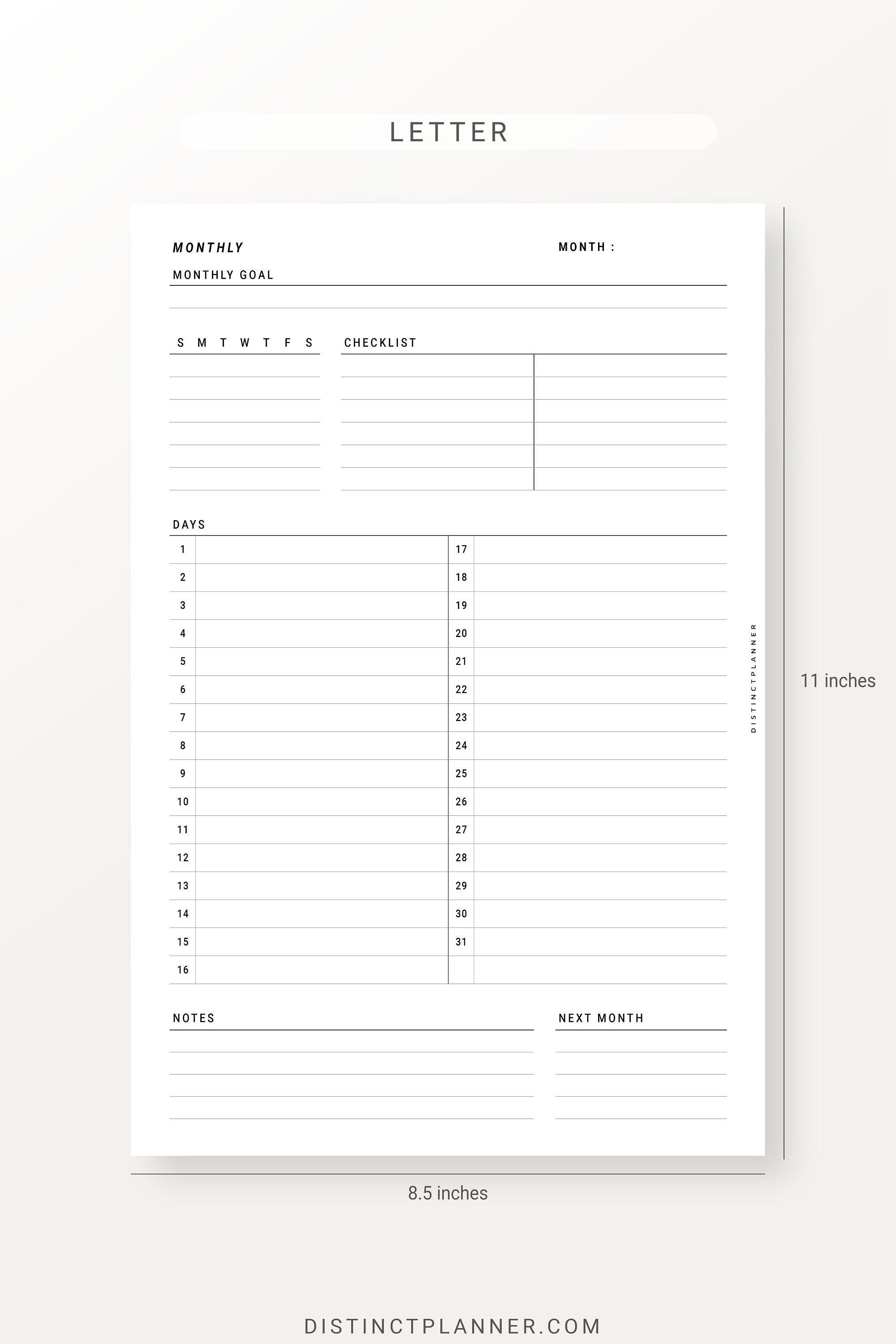 A4 Letter Size, Undated Monthly Overview Planner Inserts Printable ...