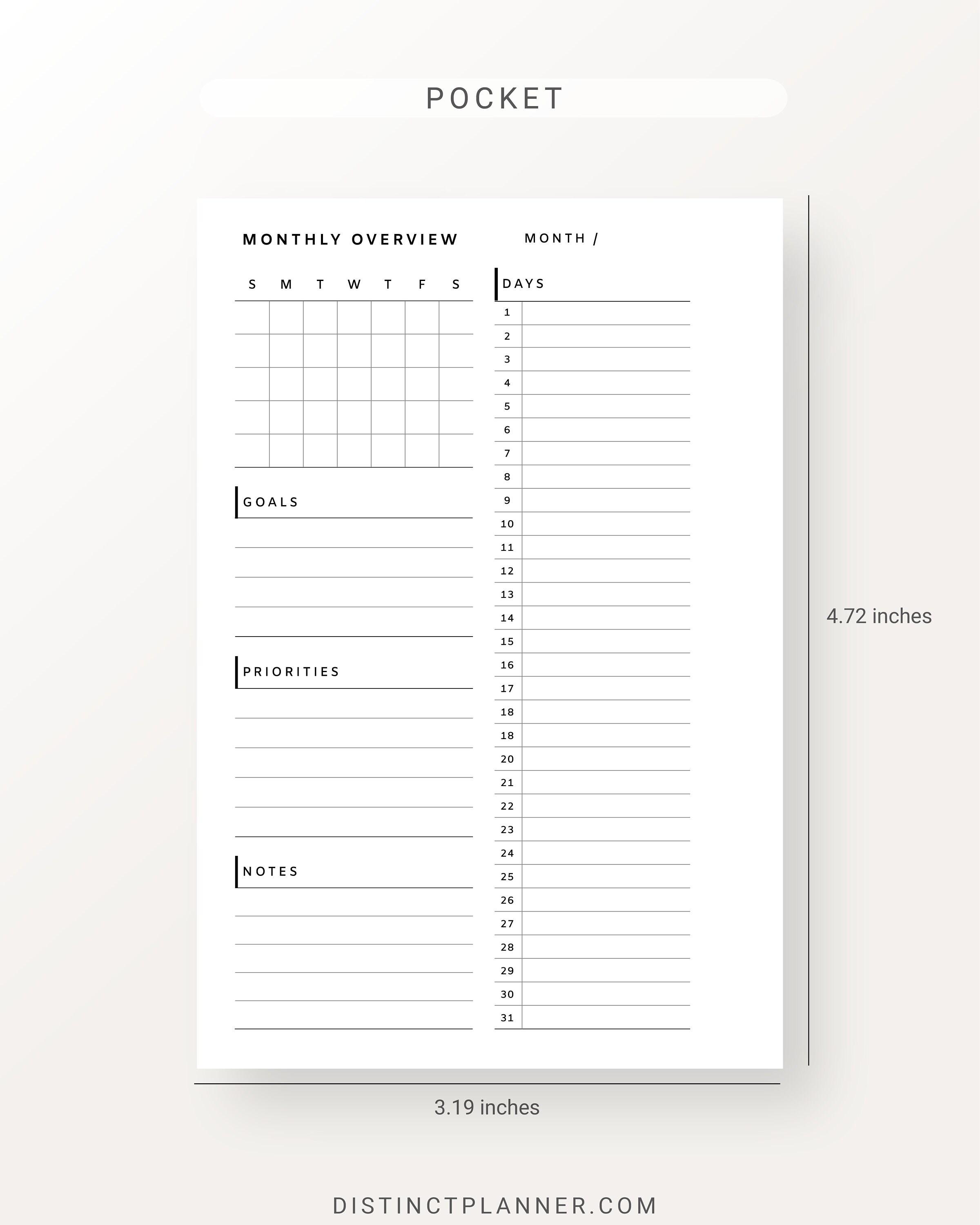 Pocket Undated Monthly Planner | Printable Overview on a Page ...