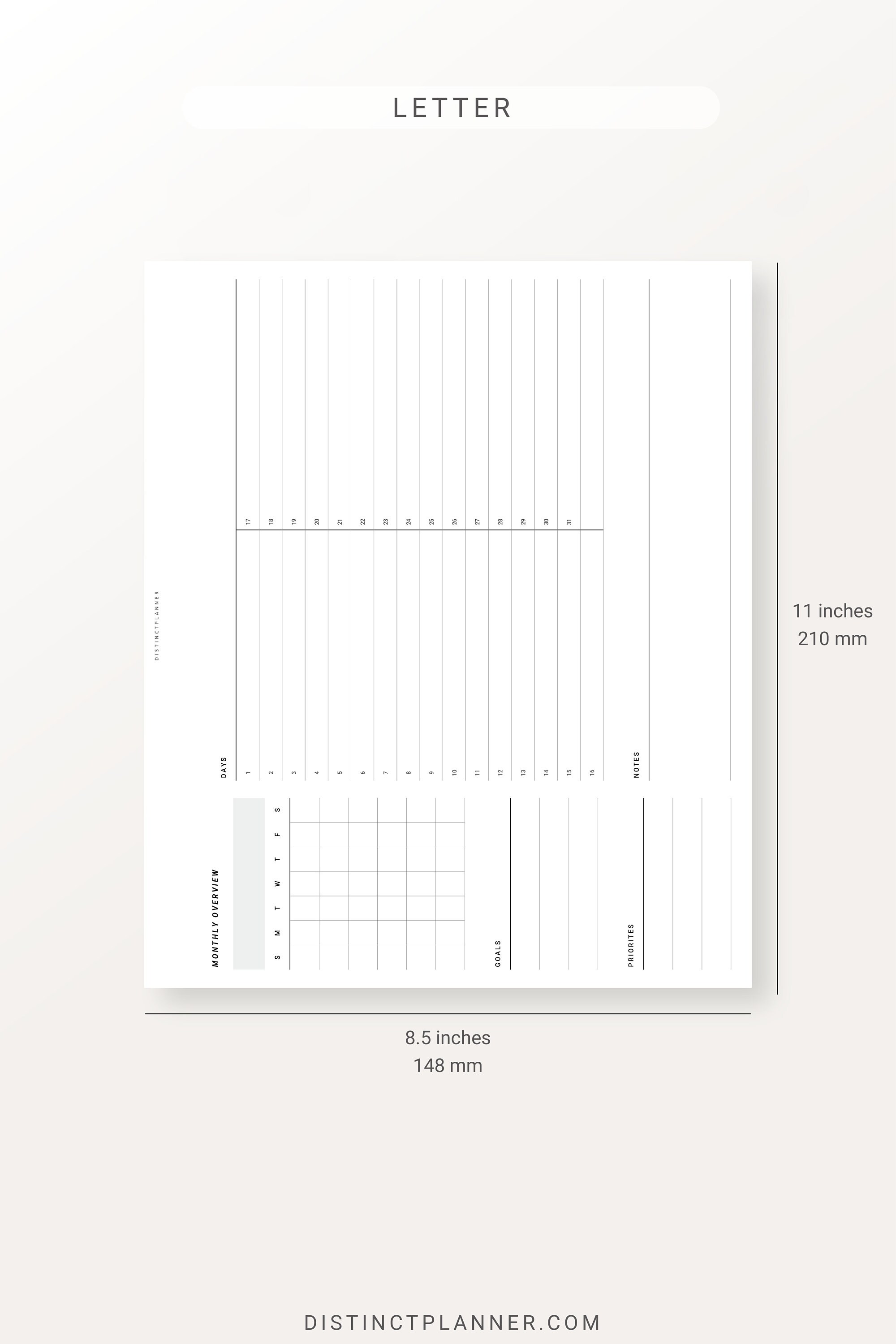 A4 Letter Monthly Overview Horizontal Inserts, Undated Printable ...