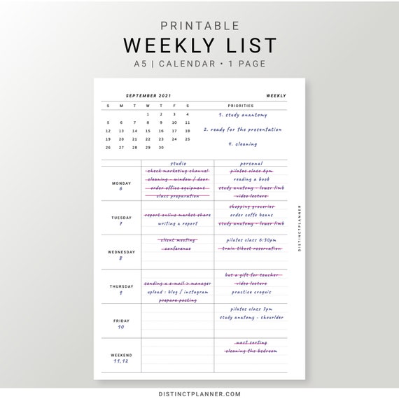 A5 Weekly Checklist 2 Column Printable Weekly Task Planner - Etsy