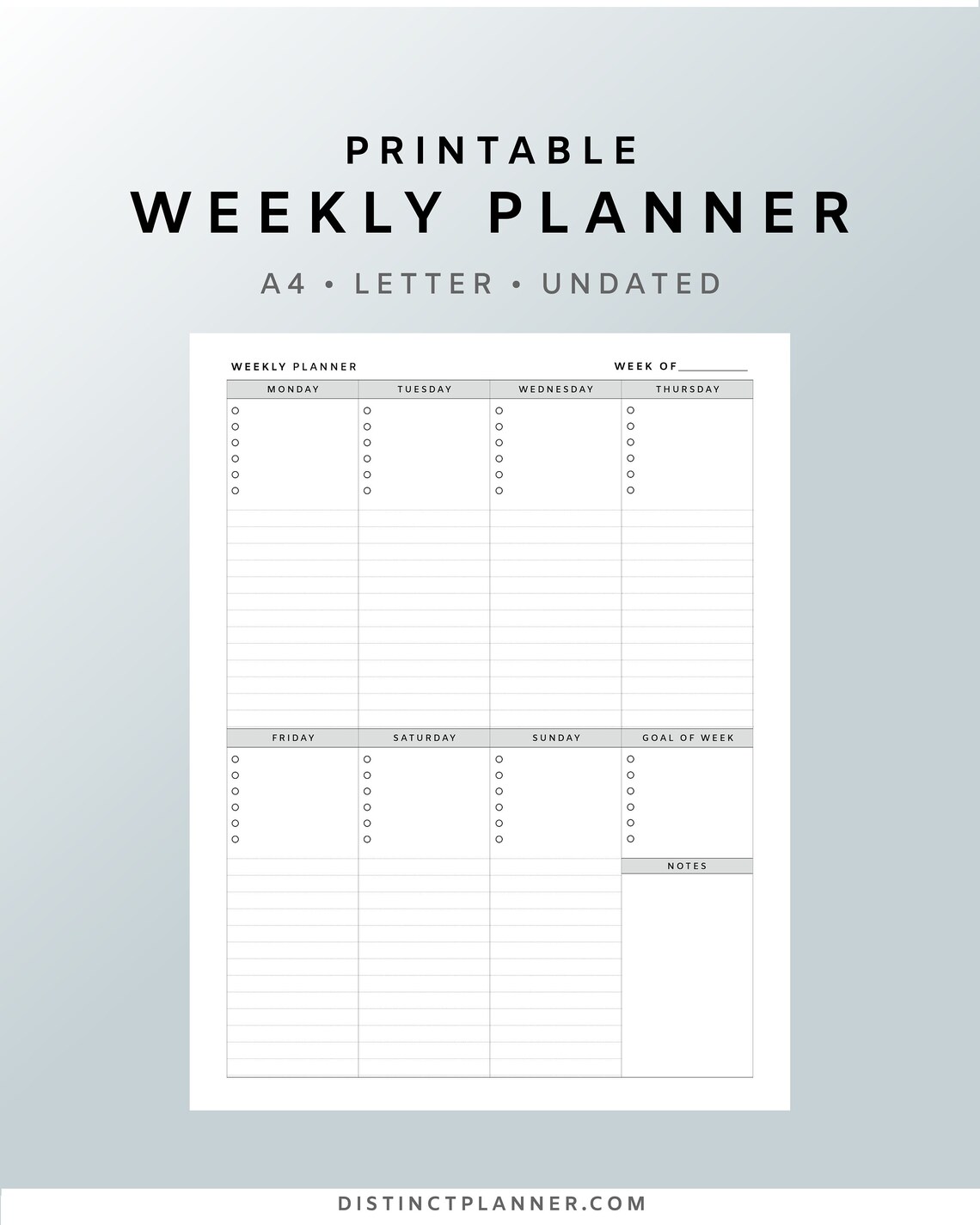 Weekly Planner Printable A4, Letter Size, Week at a Glance Undated ...