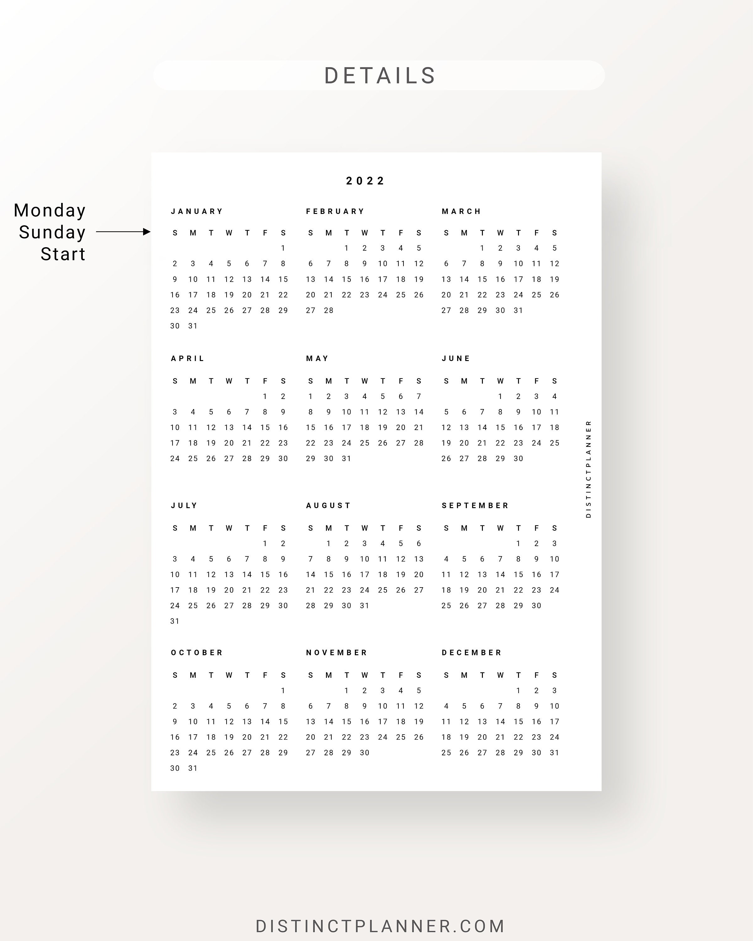 2022 Calendar Printable A5, Yearly Planner Calendar Inserts Monday ...