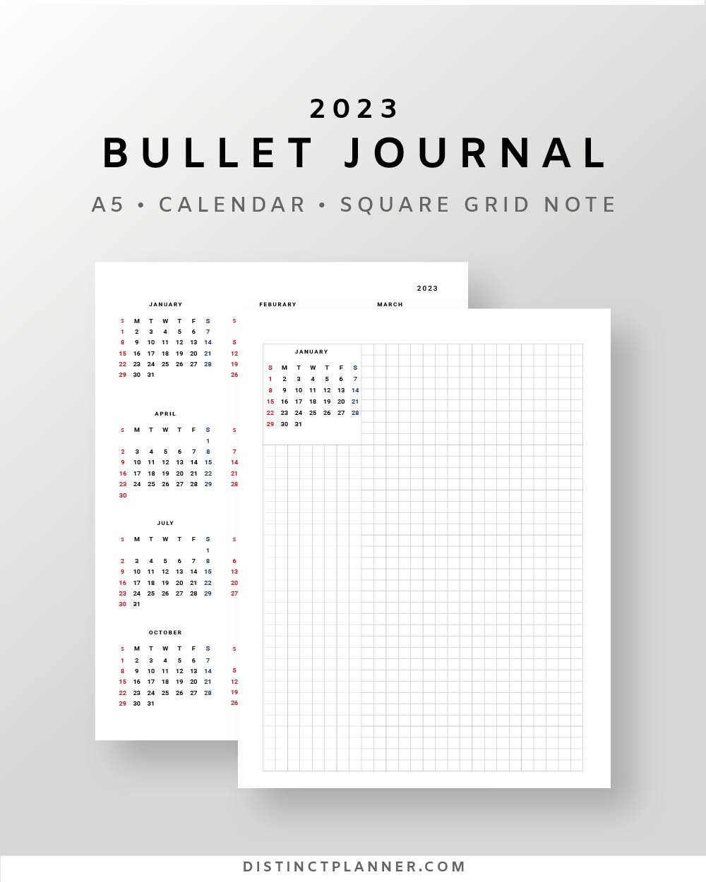 A5 | 2023 Bullet Journal Planner | Printable Calendar Bujo | Square ...