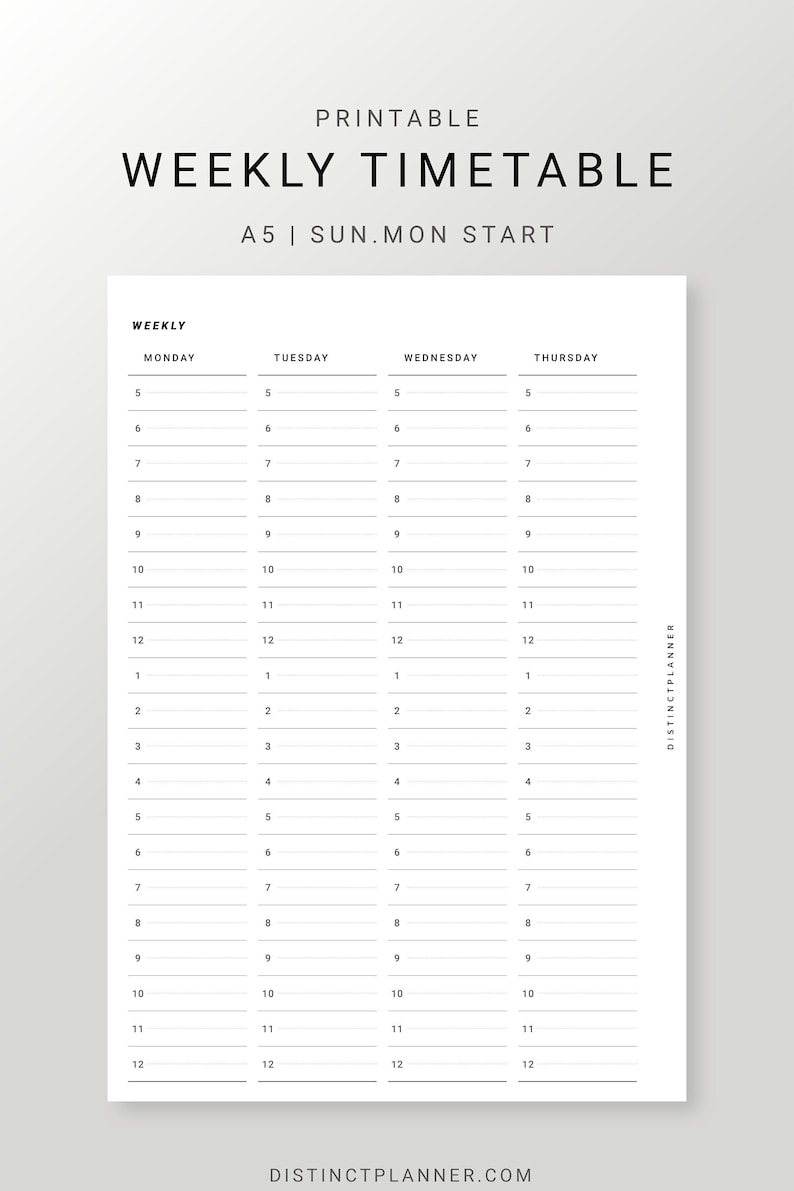 A5 Inserts, Weekly Timetable Printable, Hourly Schedule Agenda, 5 Am ...