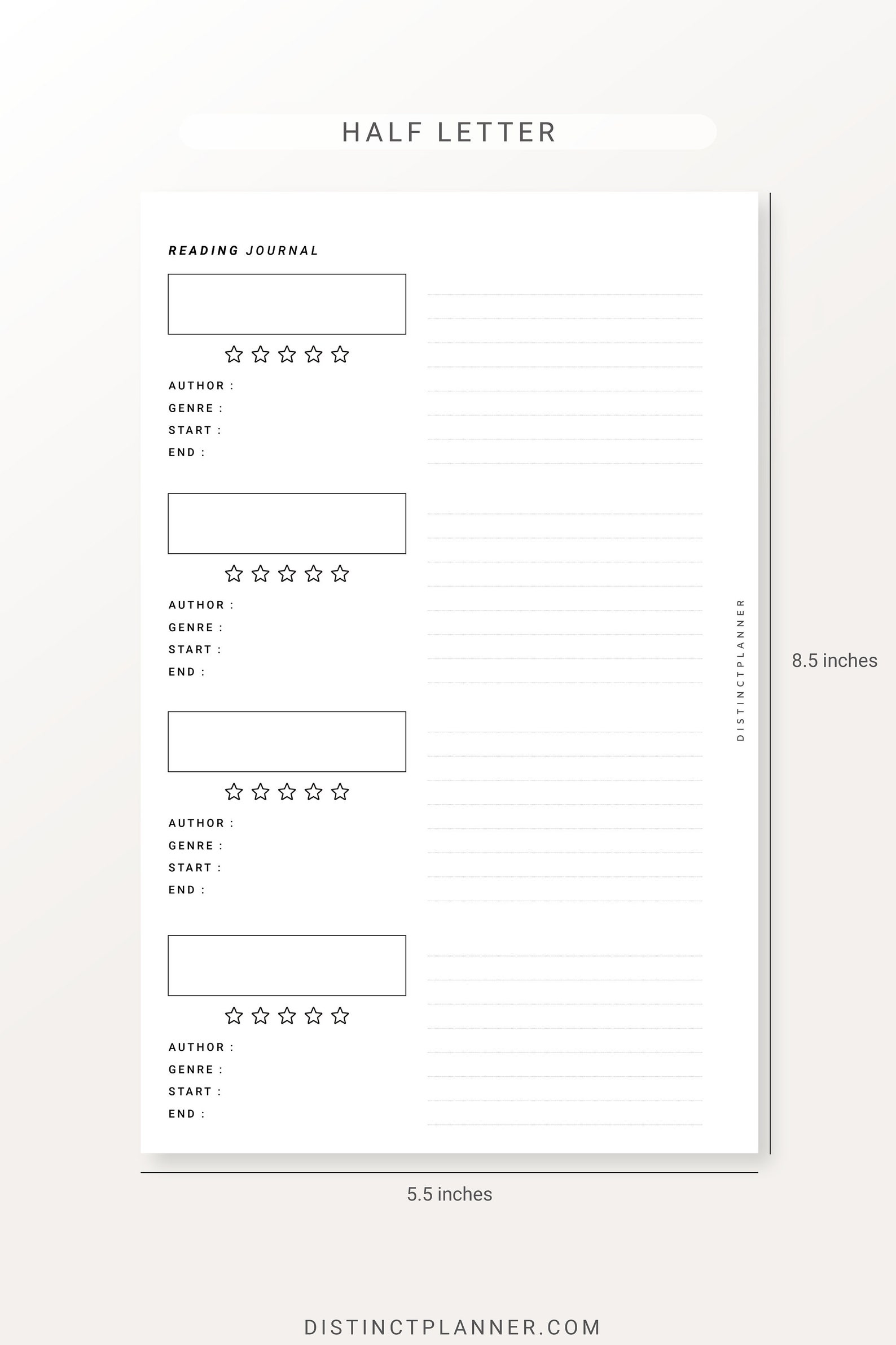 Half Letter Reading Journal Printable Inserts, Book Review Log Minimal ...