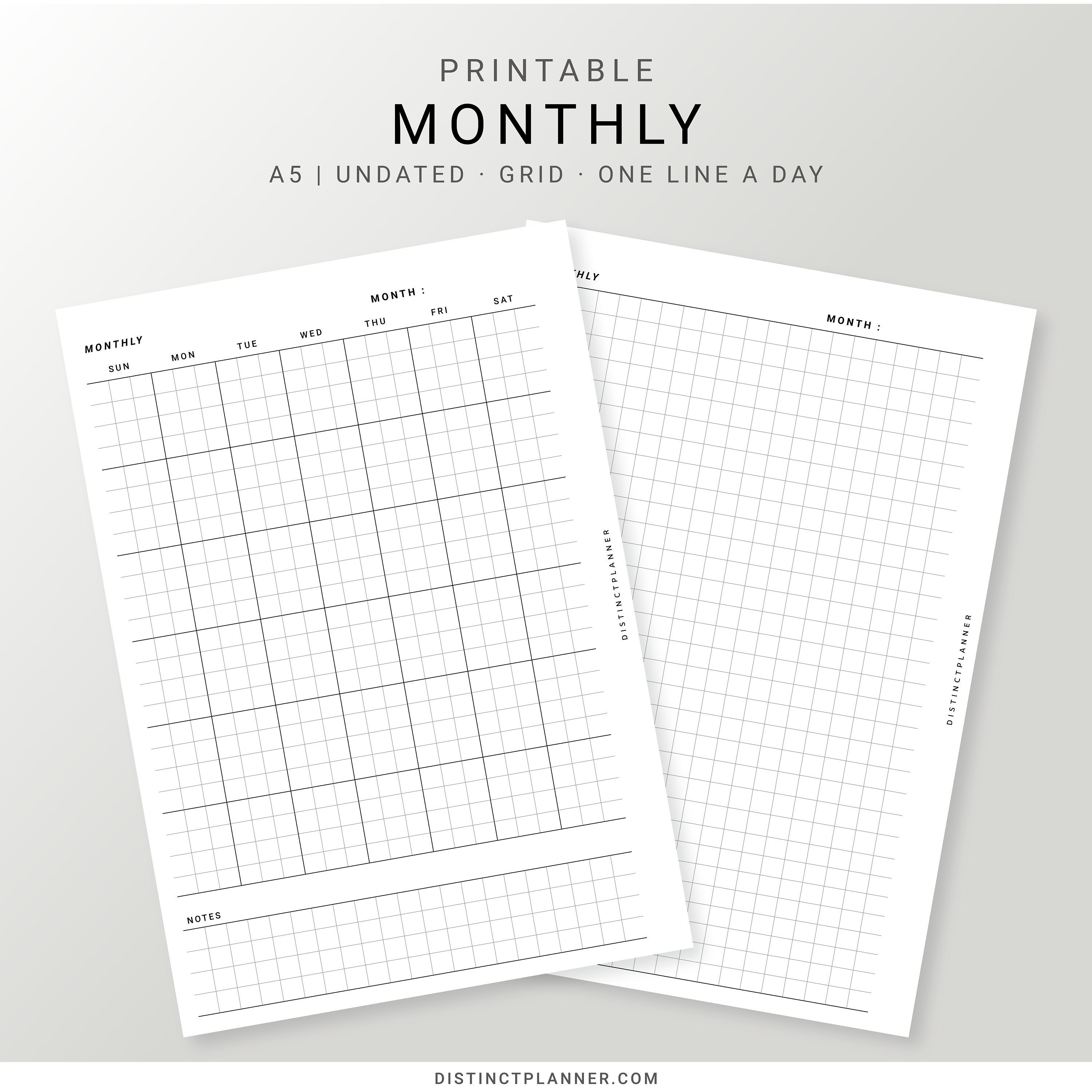 A5 Inserts Undated Monthly + One Line a Day, Monthly Planner Printable ...