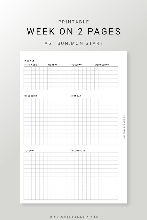 A5 Weekly Planner Printable Inserts Week on Two Pages Grid | Etsy