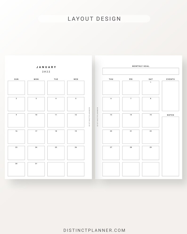 A5 2022 Monthly Planner Printable Inserts, Dated Month on Two Pages ...
