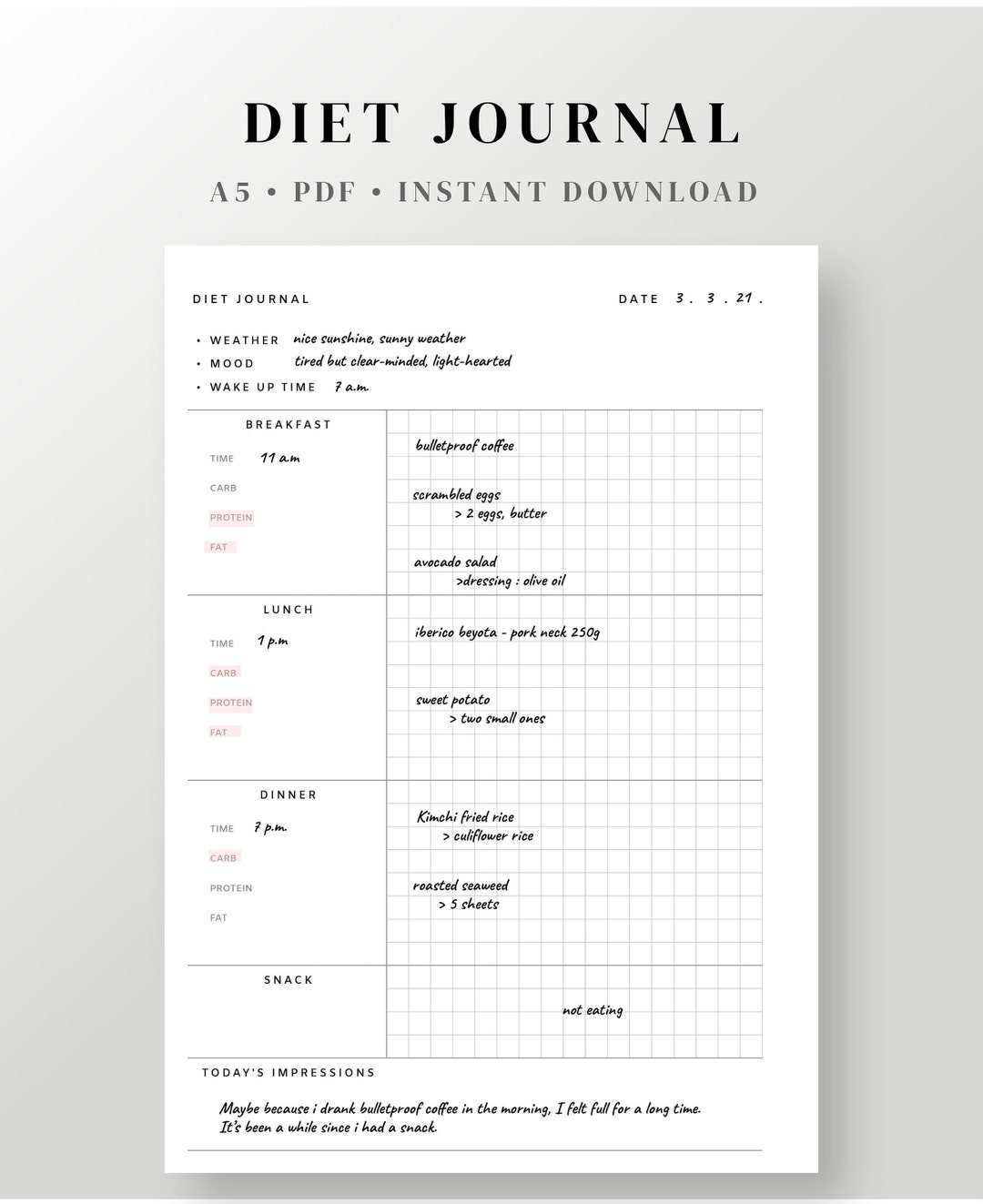 DIET JOURNAL A5 Printable Planner, Daily Meal Planner, Printable Diary ...