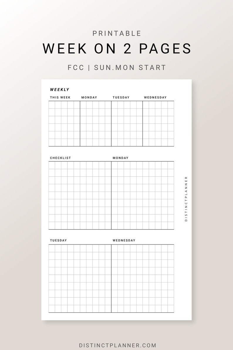 FCC Weekly Planner Printable Inserts, Week on Two Pages Grid Layout ...