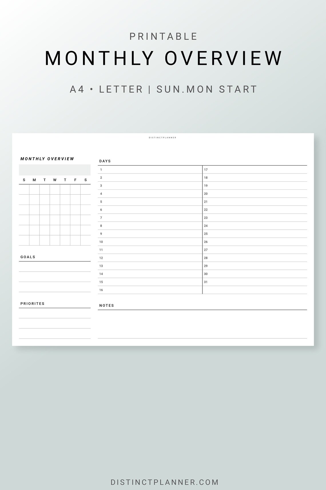 A4 Letter Monthly Overview Horizontal Inserts, Undated Printable ...