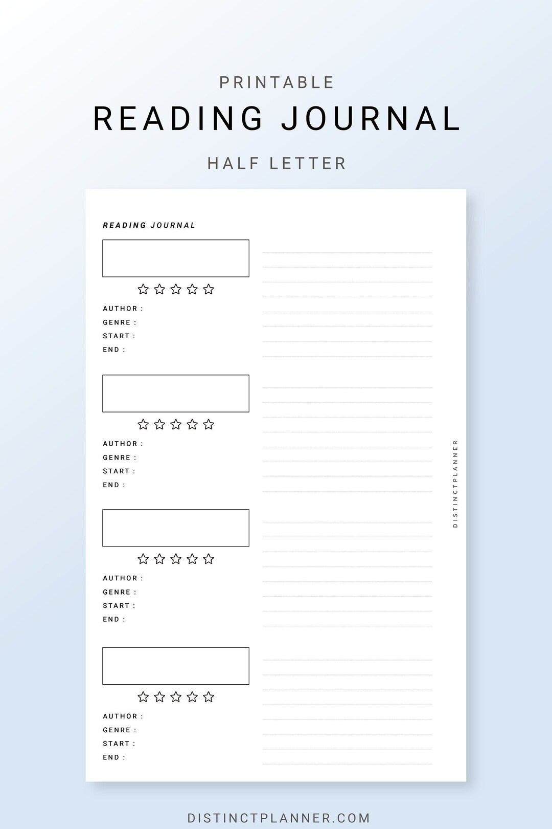 Half Letter Reading Journal Printable Inserts, Book Review Log Minimal ...
