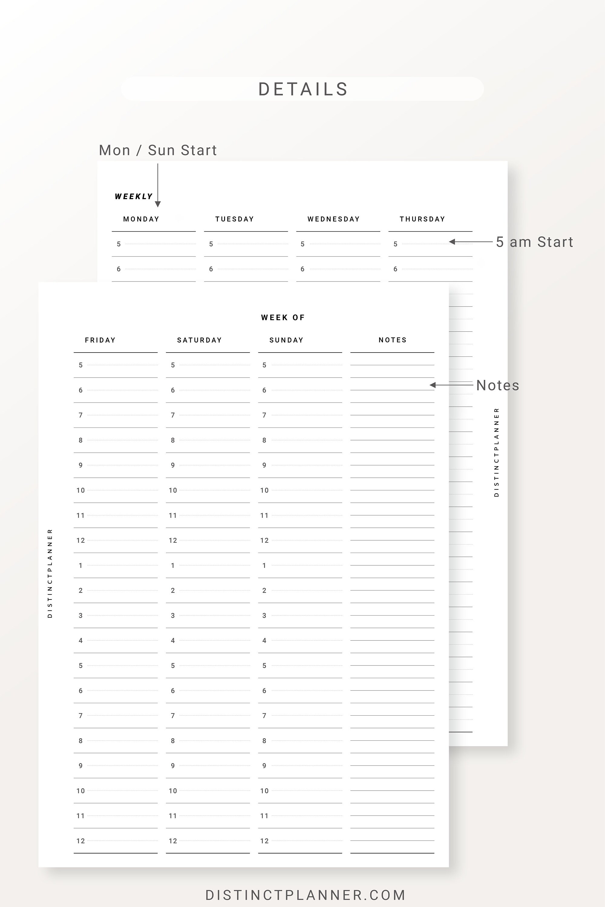 A5 Inserts, Weekly Timetable Printable, Hourly Schedule Agenda, 5 Am ...