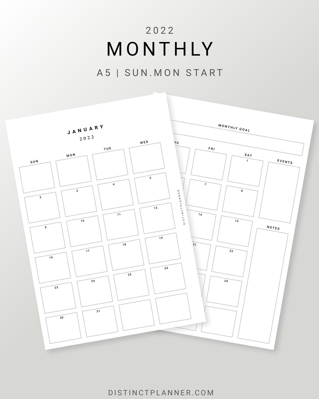 A5 2022 Monthly Planner Printable Inserts, Dated Month on Two Pages ...