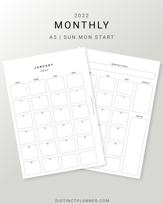 A5 2022 Monthly Planner Printable Inserts Dated Month on Two - Etsy