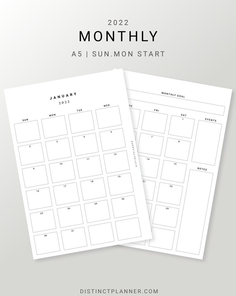 A5 2022 Monthly Planner Printable Inserts, Dated Month on Two Pages ...