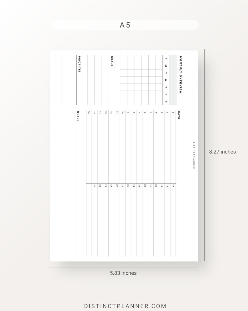 A5 Monthly Overview Horizontal Inserts, Undated Printable Planner ...