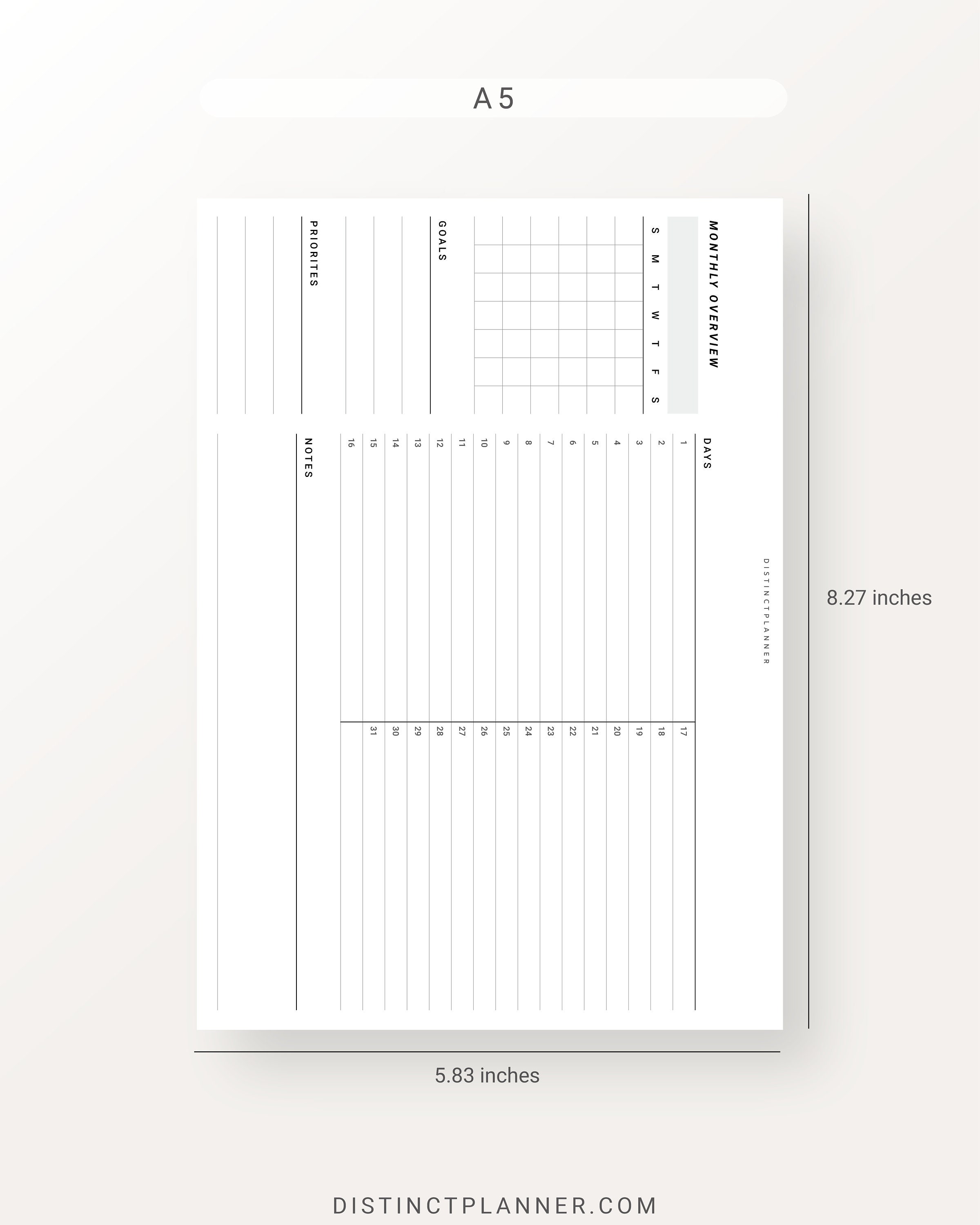 A5 Monthly Overview Horizontal Inserts, Undated Printable Planner ...