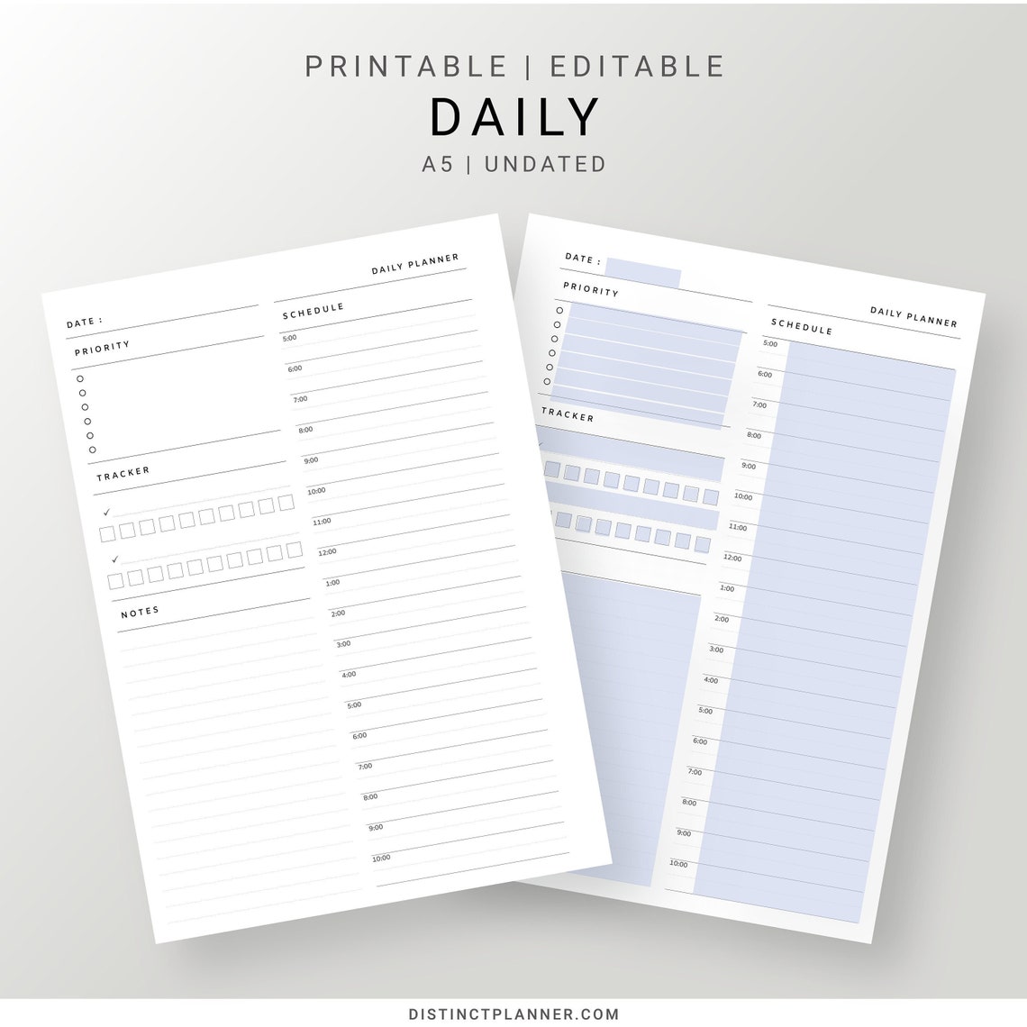 A5 Daily Planner Inserts Printable Editable, Daily Organizer Hourly ...