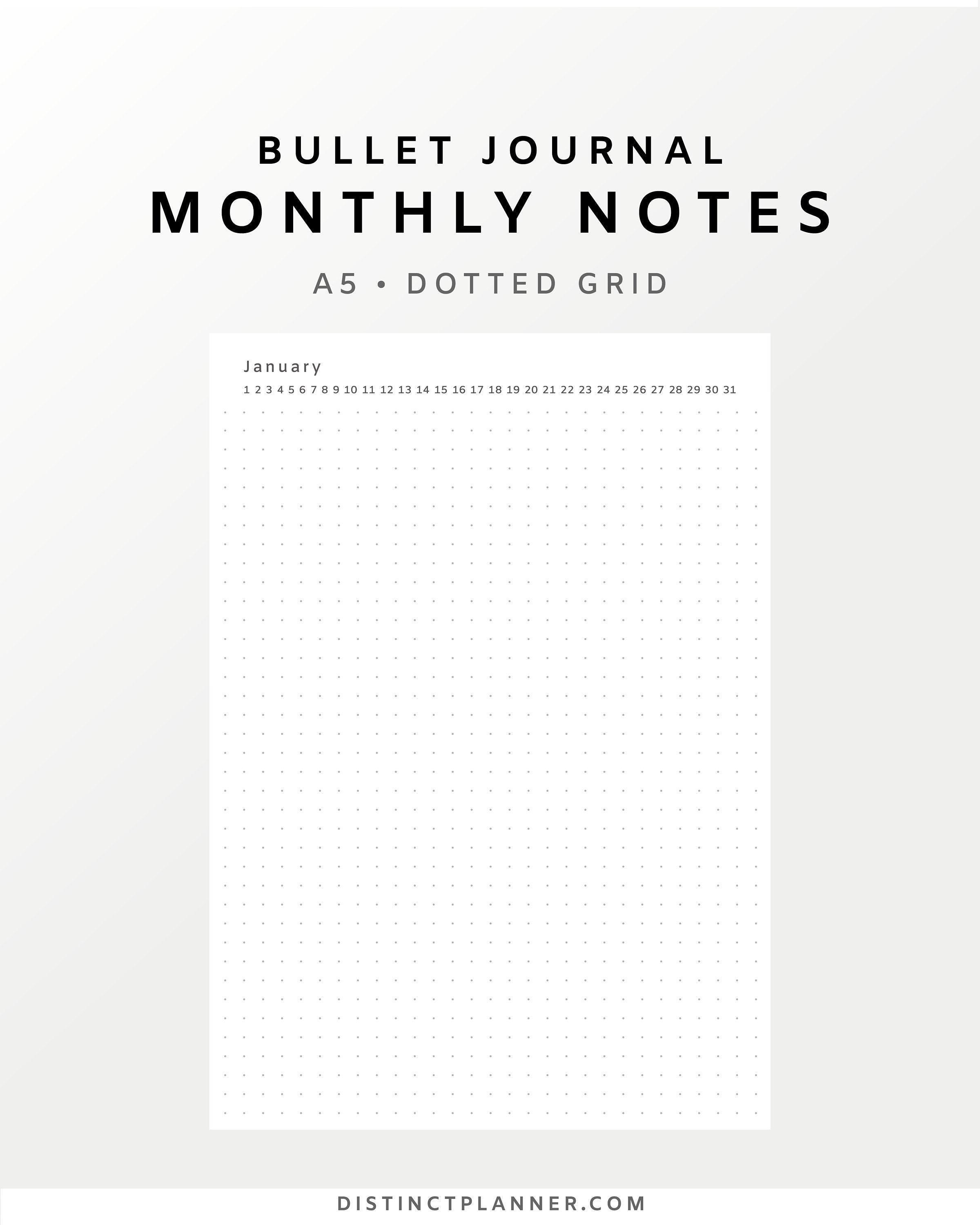 A5 Dotted Bullet Journal Printable Monthly Note Paper Dot Grid Bujo ...