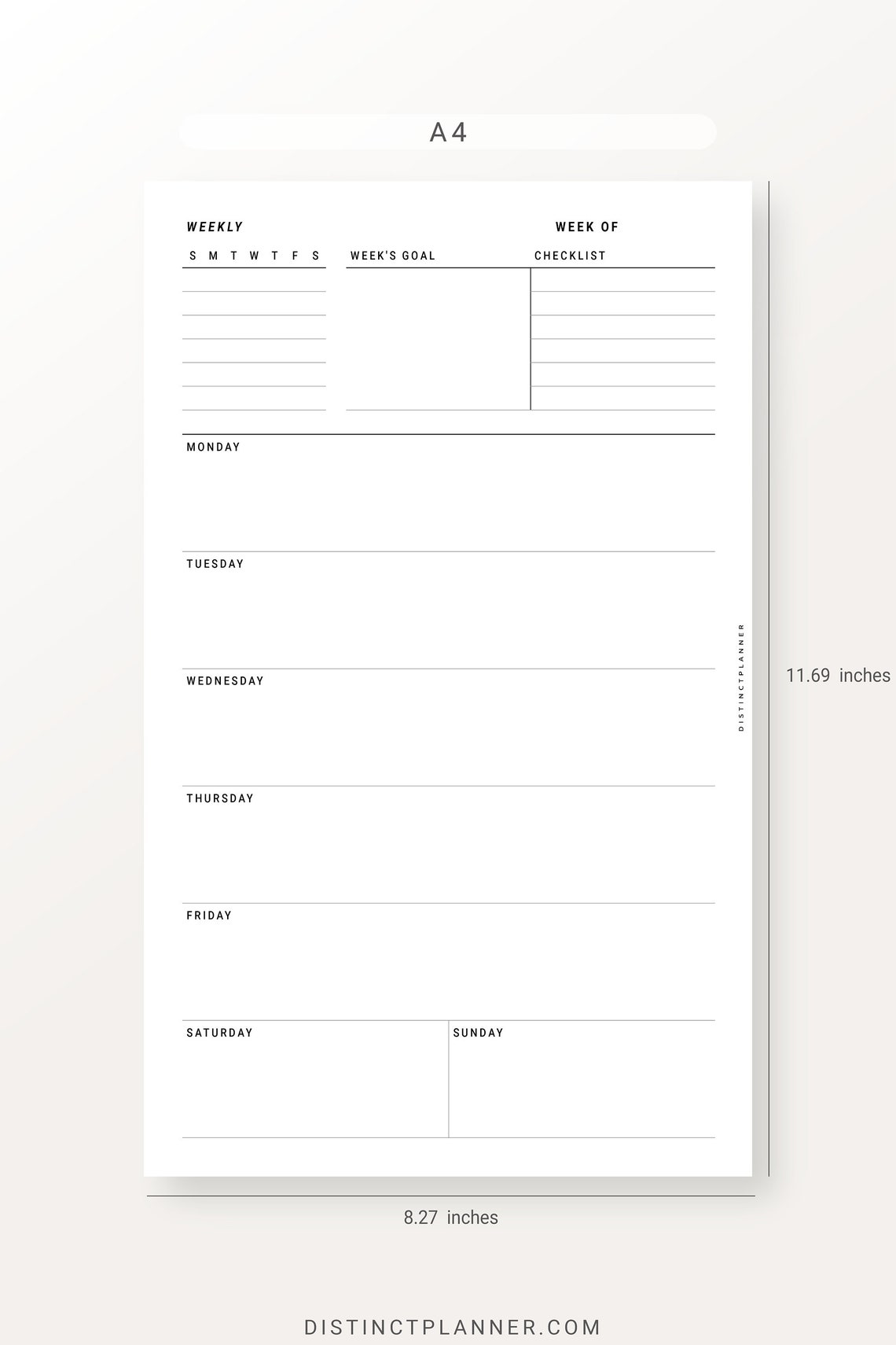 A4 Letter Inserts, Undated Weekly Planner Printable, Week on 1 Page ...