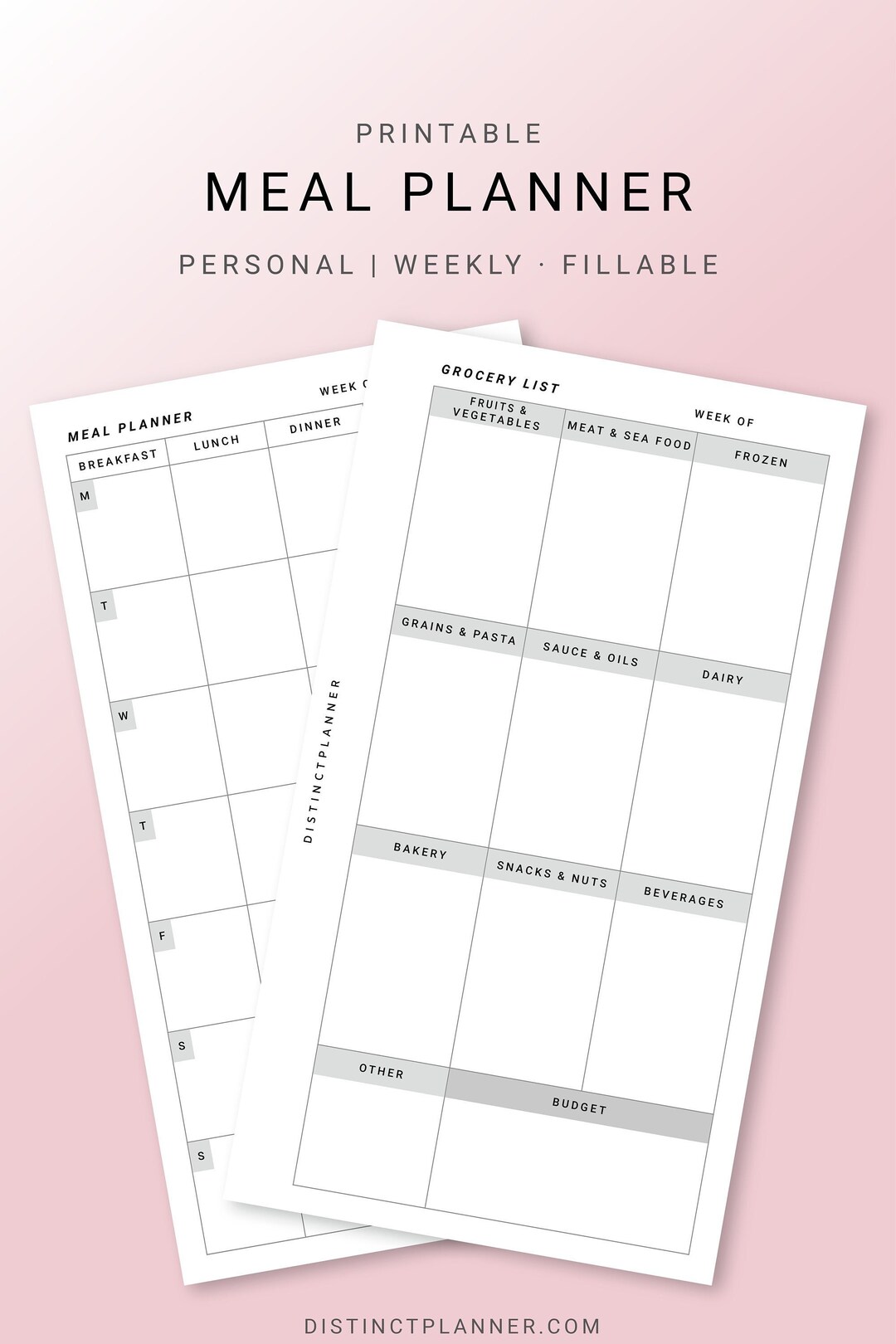 Personal Inserts, Weekly Meal Planner & Grocery List Printable, Weekly ...