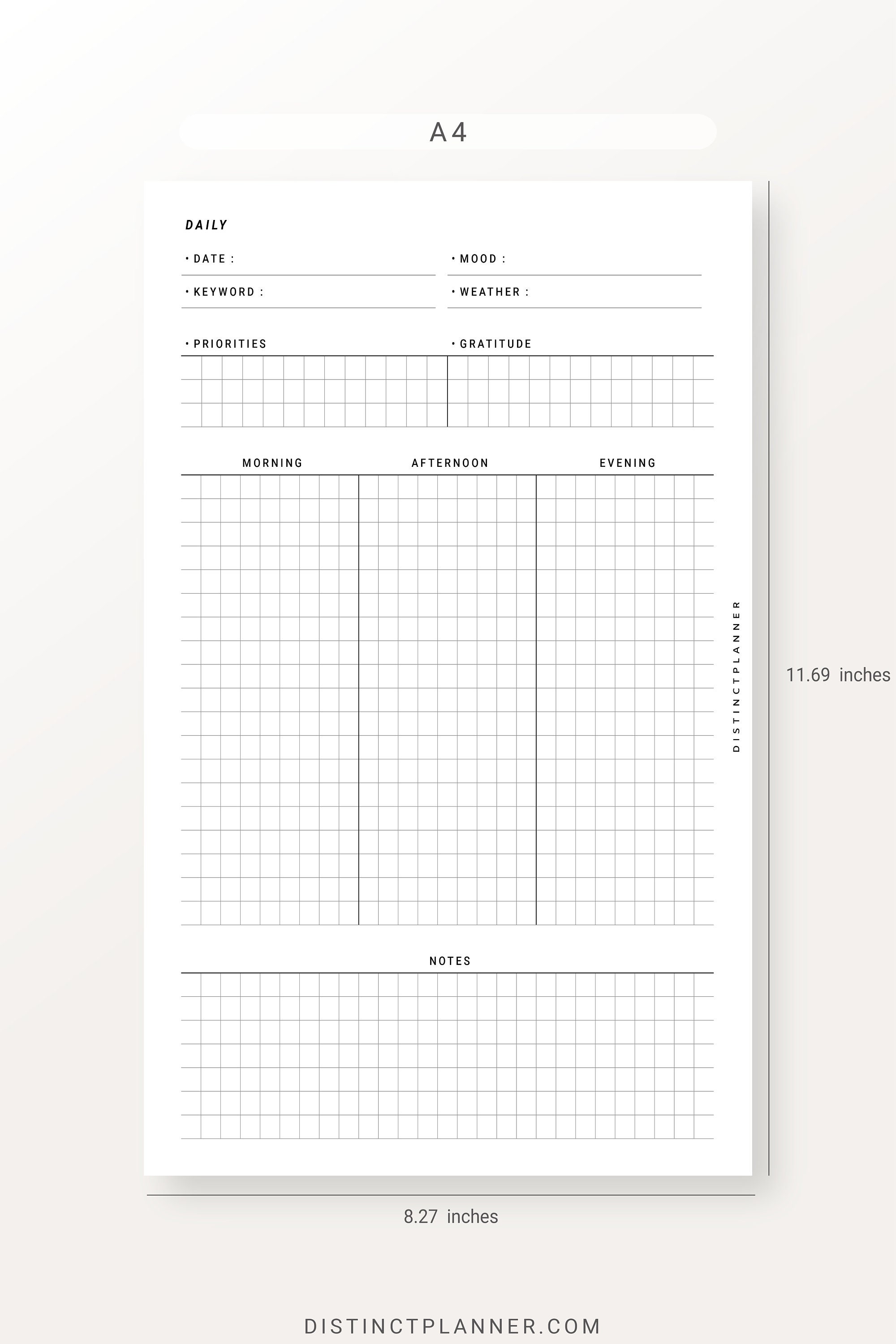 A4 Letter Daily Agenda Printable Inserts, Undated Day on One Page ...