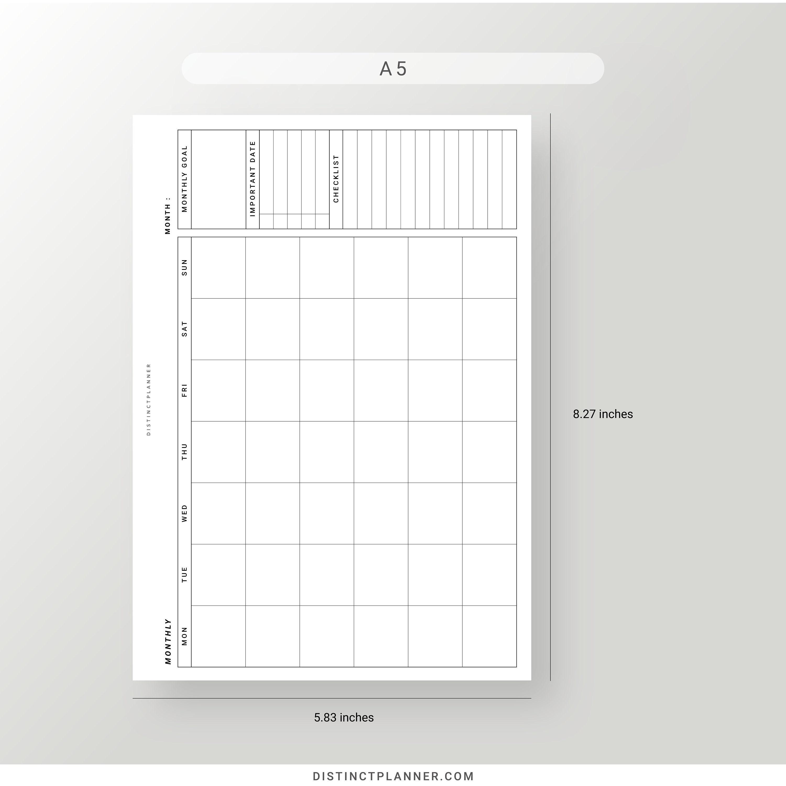 A5 Inserts Monthly Planner Horizontal Layout Minimalist - Etsy