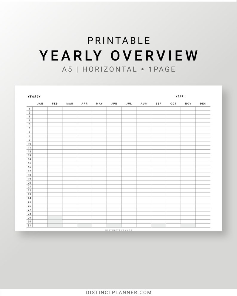 Yearly Overview Printable, Minimalist Yearly Planner Template A5 ...