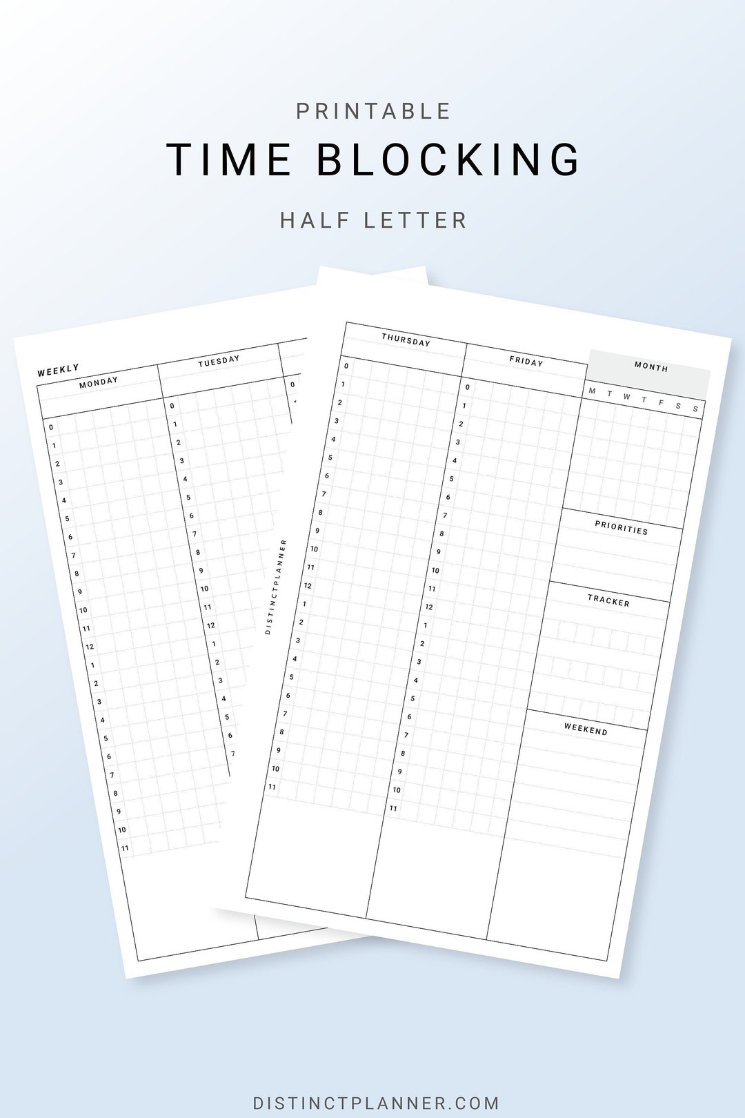 Half Letter Inserts, Undated Weekly Time Blocking, Printable Planner ...