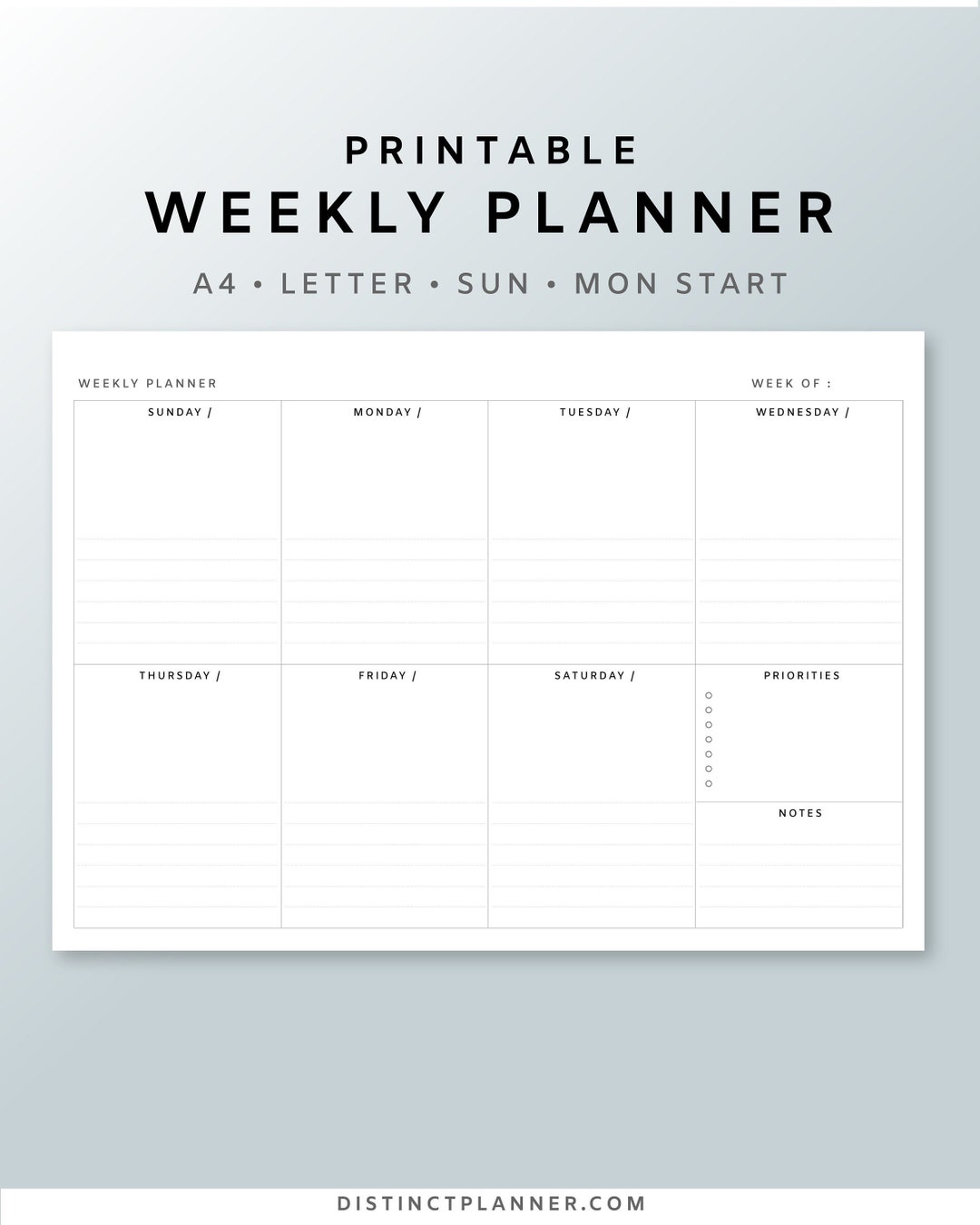 Undated A4 Weekly Planner Worksheet | Digital Template for Printable ...