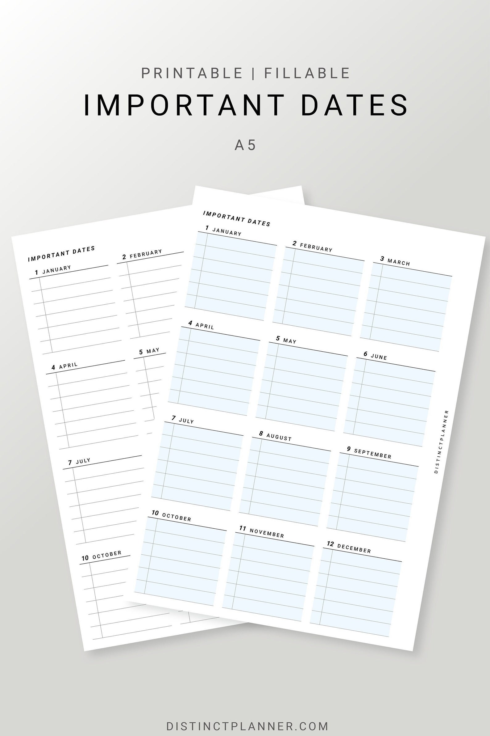 A5 Inserts Yearly Important Dates Printable, Birthday, Anniversary ...