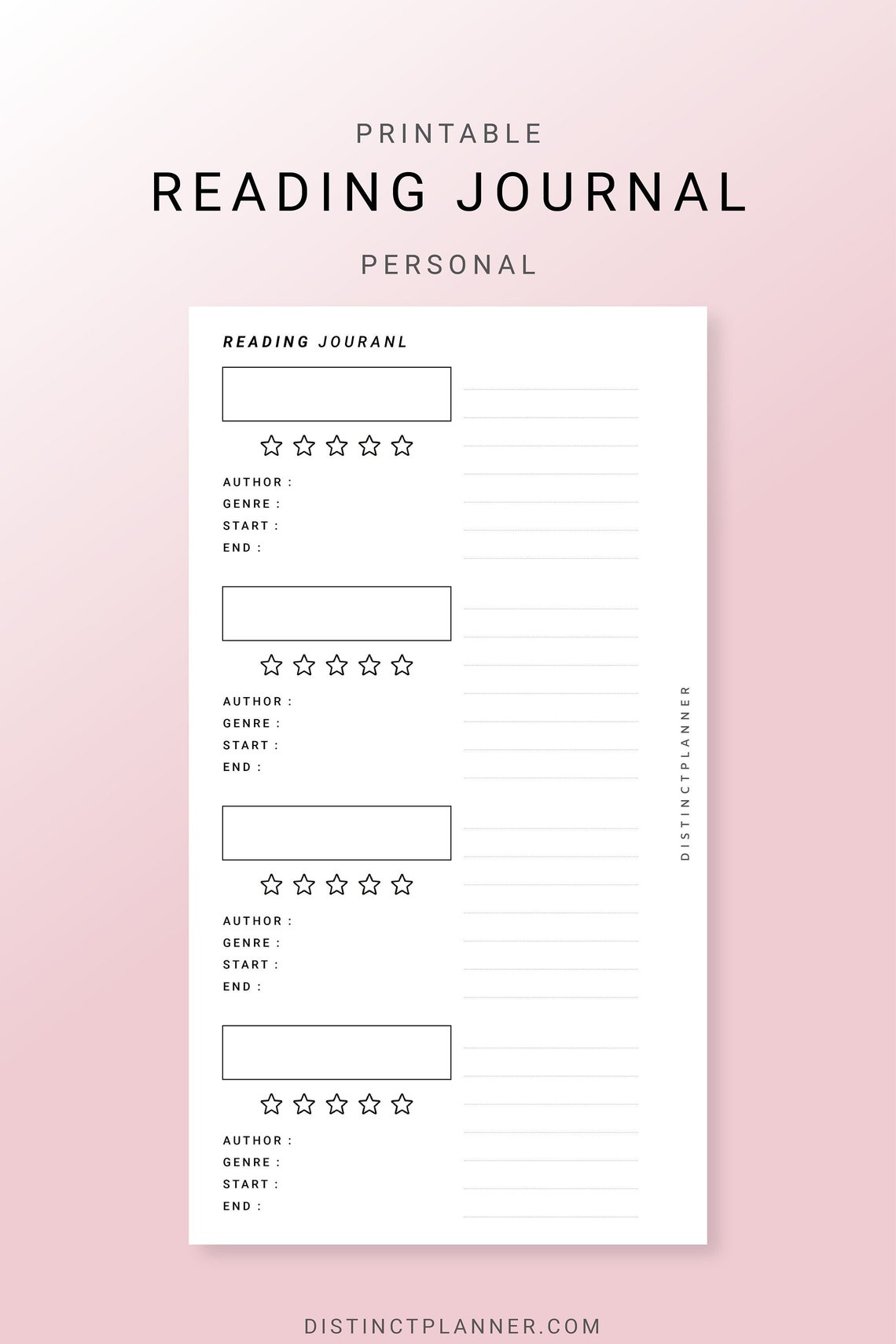 Personal Reading Journal Printable Inserts Book Review Log - Etsy
