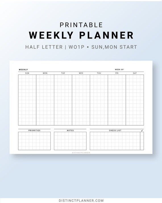 Weekly Planner Printable Half Letter Week on One Page - Etsy