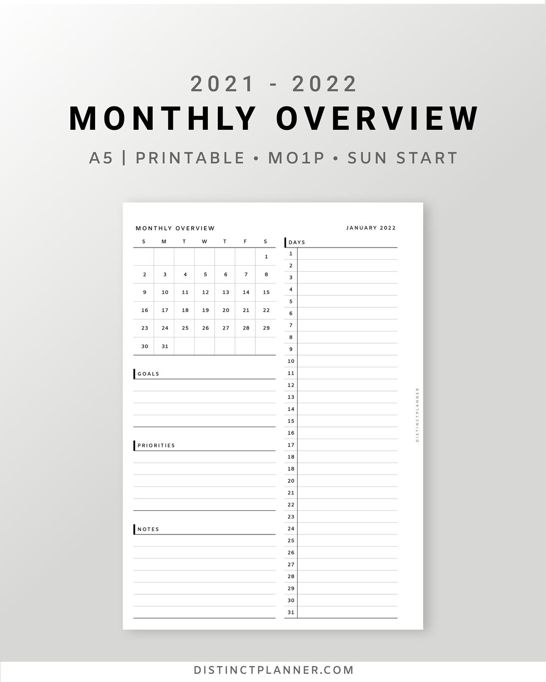2021-2022 Monthly Overview Printable A5 Minimalist Dated Month at a ...