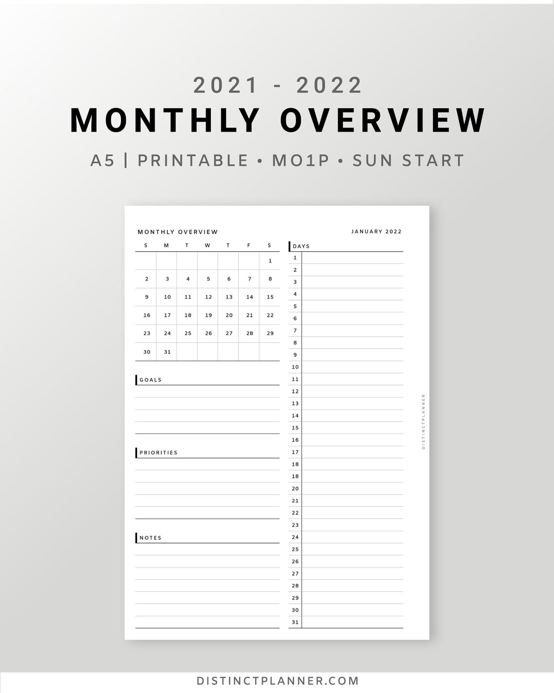 2021-2022 Monthly Overview Printable A5 Minimalist Dated Month at a ...