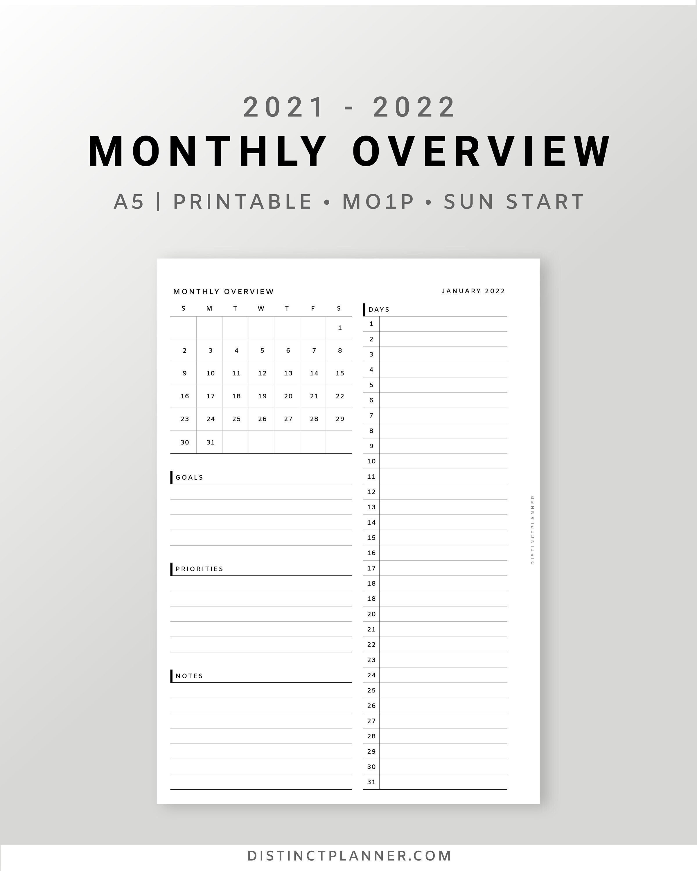 2021-2022 Monthly Overview Printable A5 Minimalist Dated Month at a ...