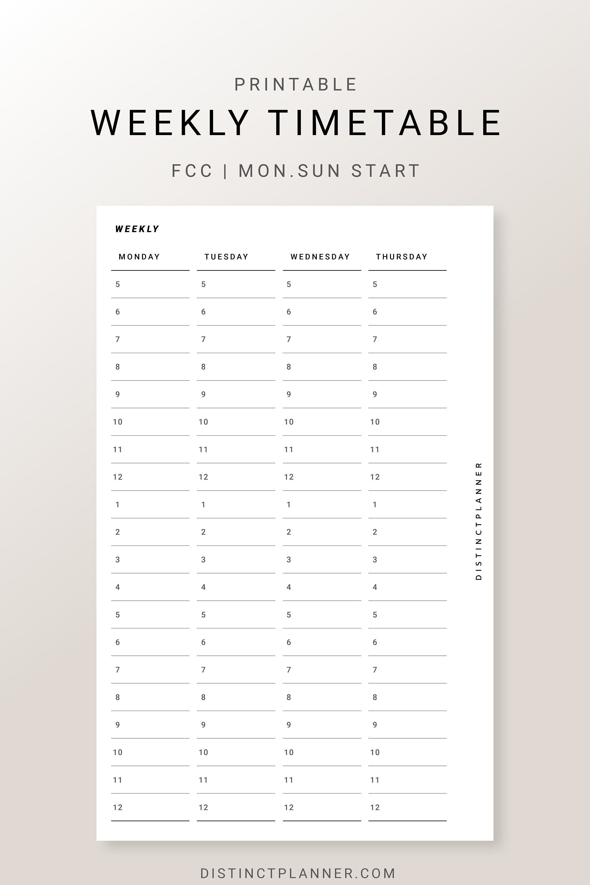 FCC Inserts Weekly Timetable Printable Hourly Schedule - Etsy