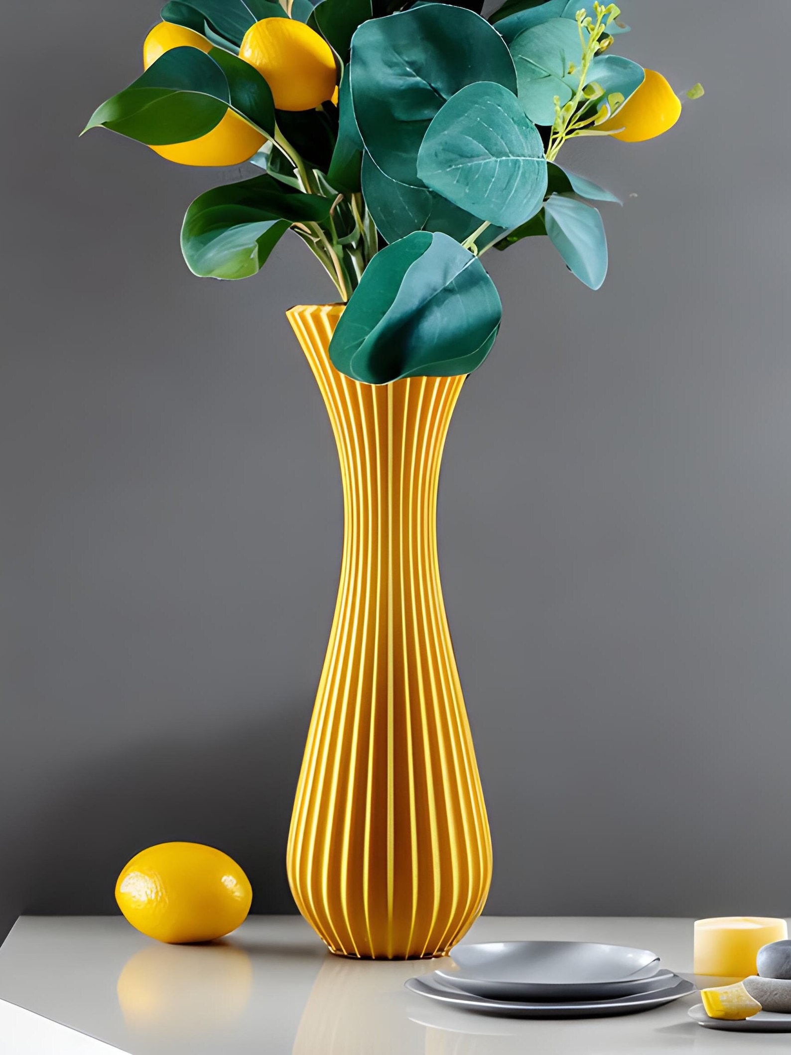 Tall Matte Yellow Striped Bouquet Vase, Modern Home Decor Gift for Her ...